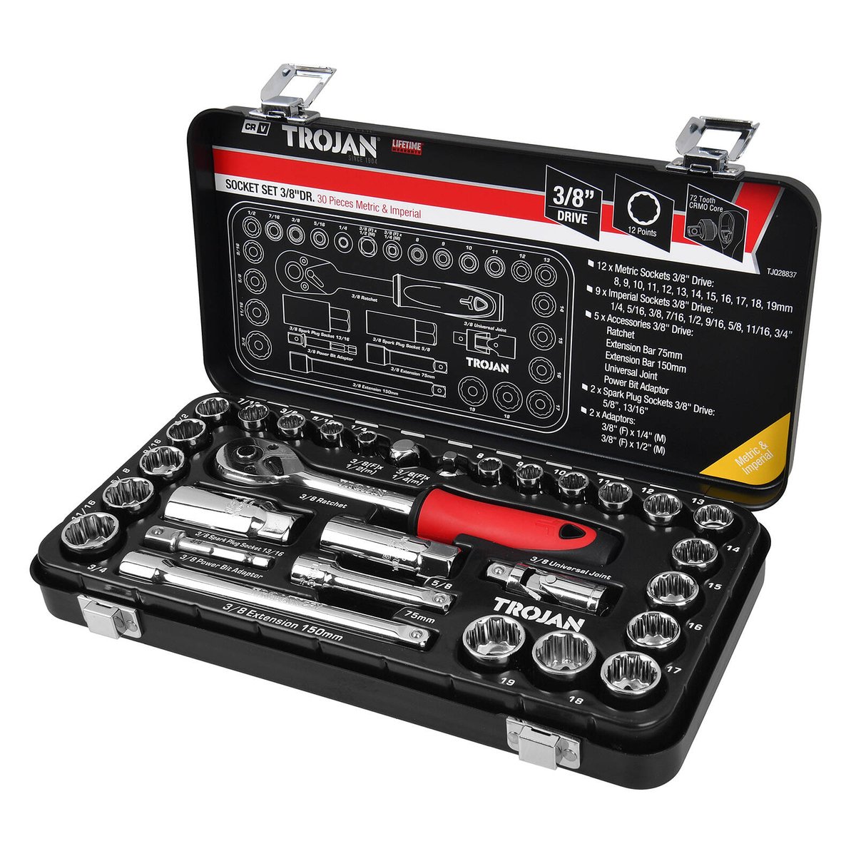 Trojan 30 Piece 3/8" Socket Tin Set TJQ28837 - Bunnings Australia
