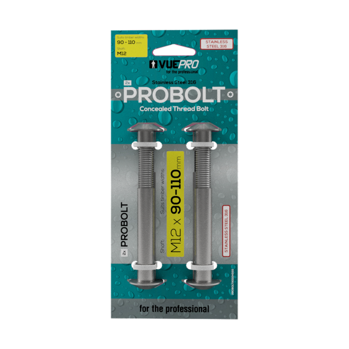 VUEPRO M12 90 - 110mm Stainless Steel Concealed Thread Bolt Probolt - 2 ...