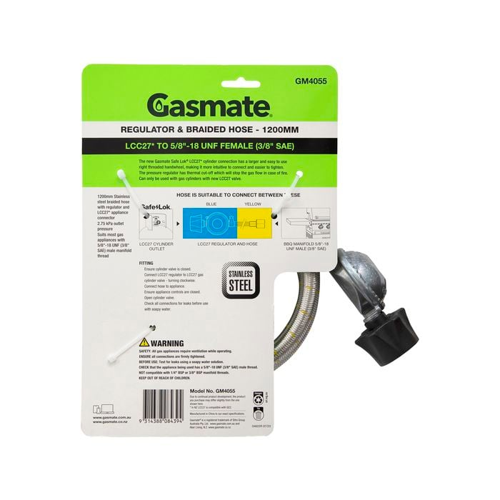 Gasmate Regulator & Braided Hose - 1200mm - LCC27 to 5/8" UNF (3/8" SAE ...