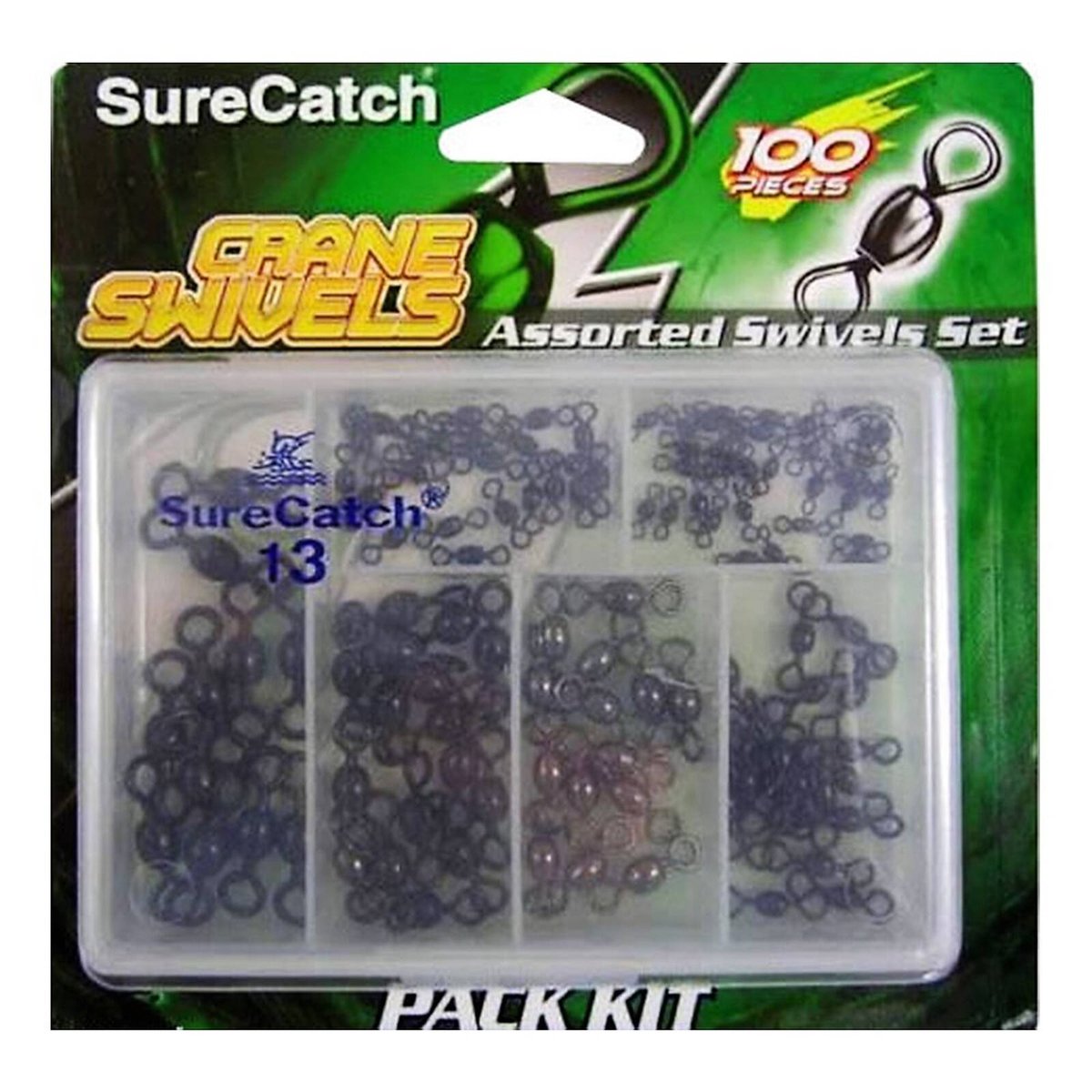 100 x Surecatch Assorted Black Crane Swivels in Fishing Tackle Box ...