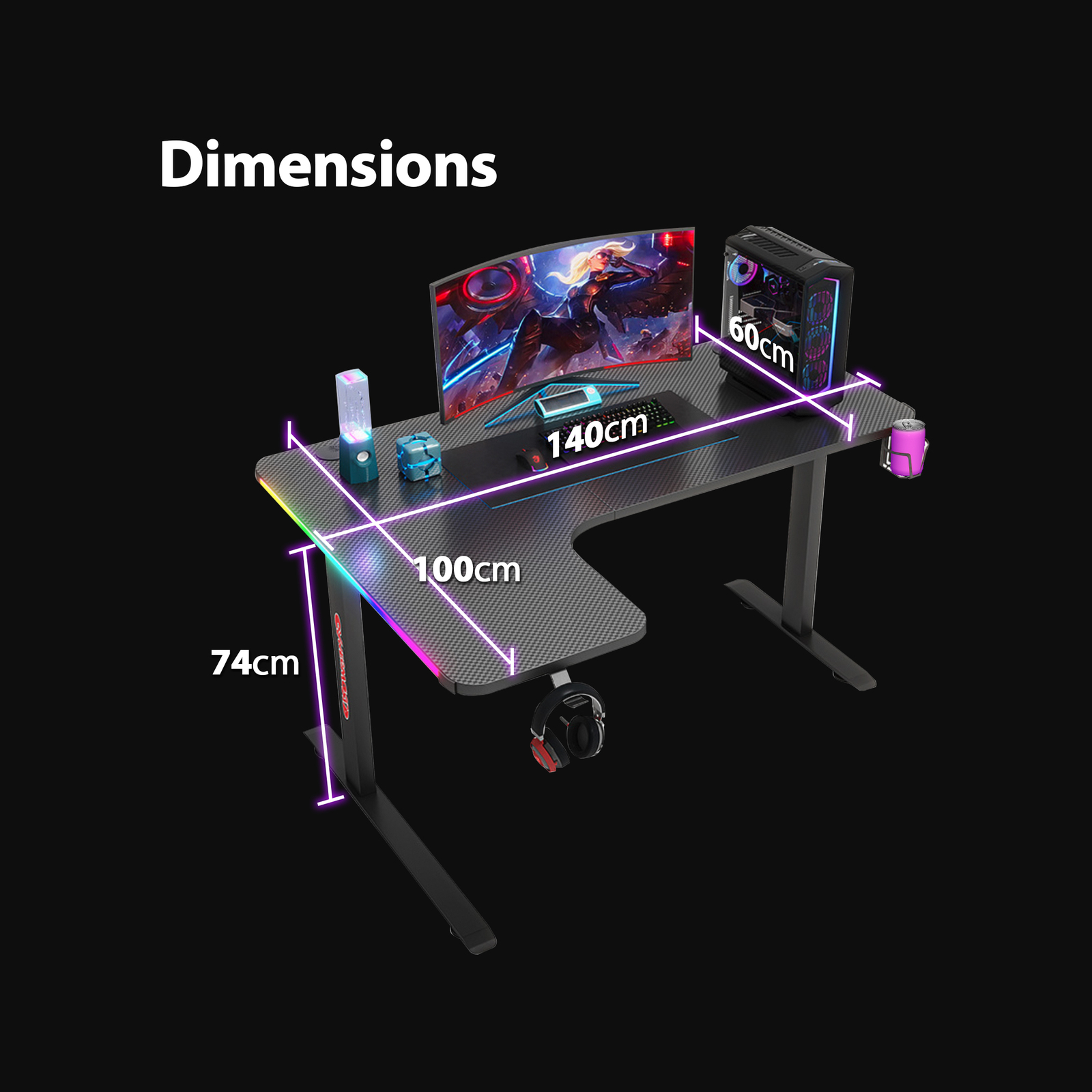 MIUZ 140cm Black RGB LED Gaming Desk Computer Home Office Desk Table Bunnings Australia