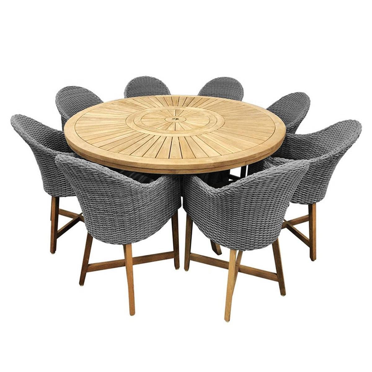 Solomon 1.8M Round Outdoor Teak Timber Dining Table With Coastal Wicker ...