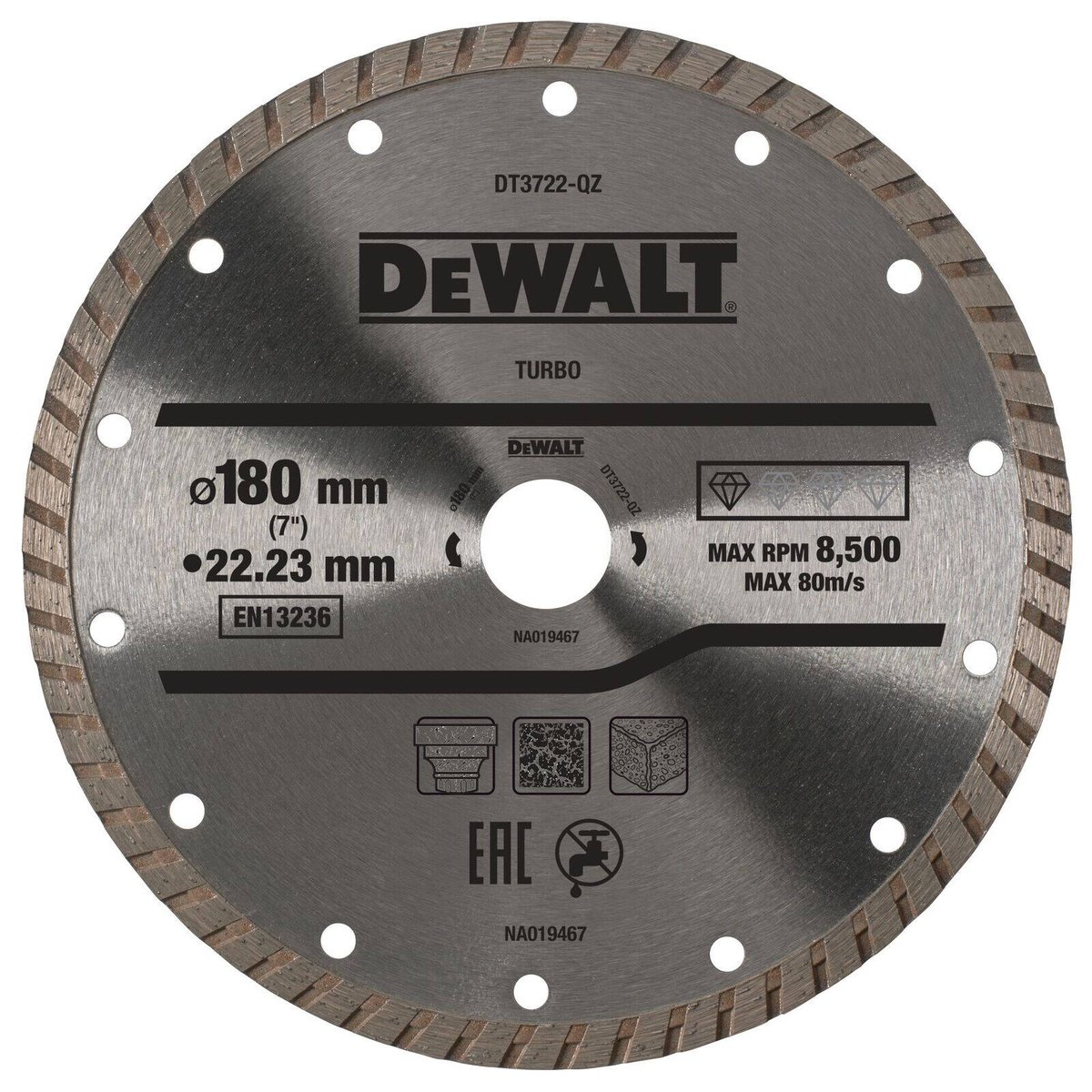 DeWALT 180mm X 22.23mm Turbo All Purpose Diamond Wheel DT3722-QZ ...