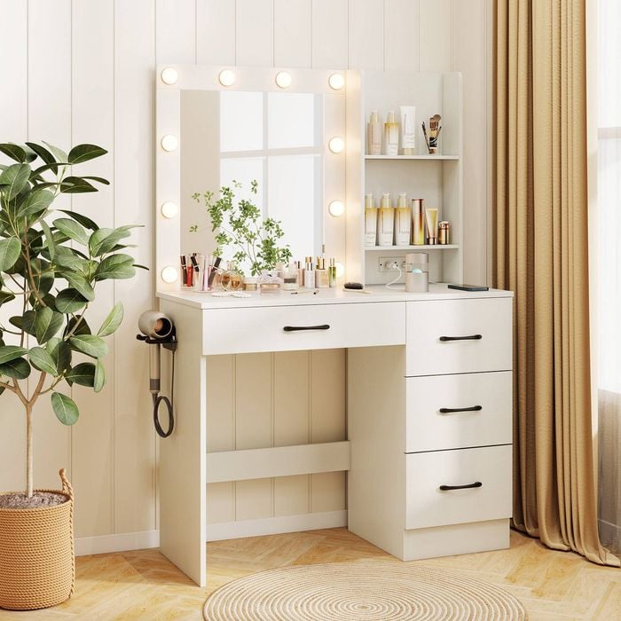 Costway Dressing Table w/Charging Station 3-Color LED Lighted ...