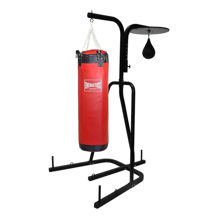 2 Way Boxing Bag Stand Black Rack - 40kg Red Punching Bag + Speed Ball ...