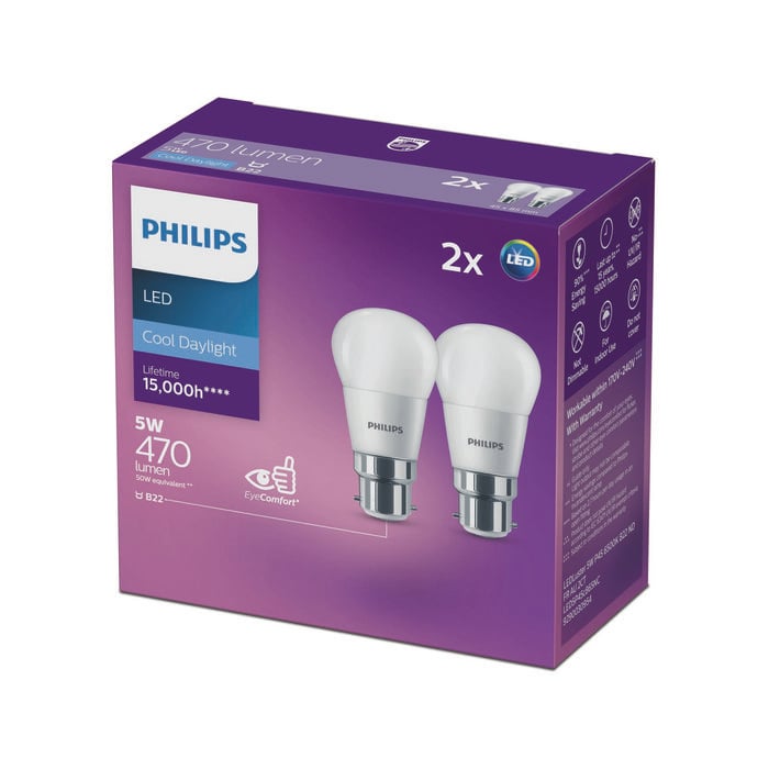 Philips B35 B22 LED 470Lm Cool Daylight 5W Fancy Round - 2 Pack ...