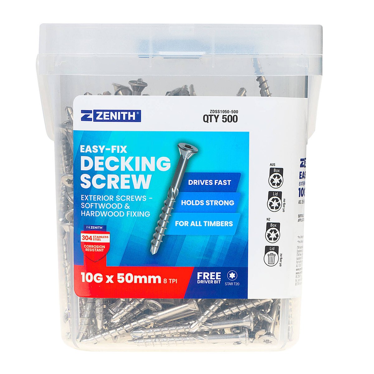 Zenith Easy-Fix Decking Screw T20 10G x 50mm SS304 - 500 Pack ...