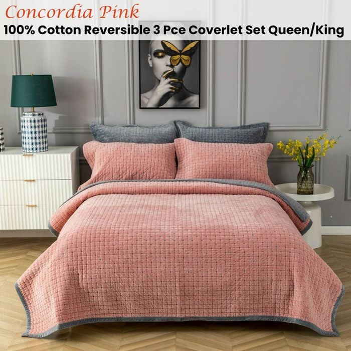 3 Pce 100% Cotton Velvet Reversible Quilted Coverlet Set Concordia Pink ...