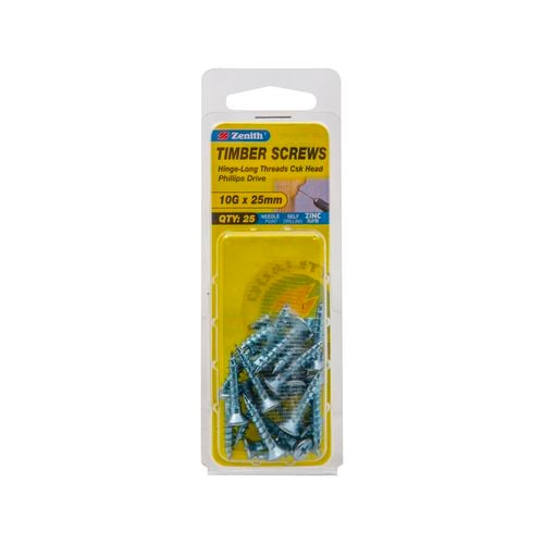 Zenith 10G x 25mm Zinc Plated Countersunk Head Wood Screws - 25 Pack ...