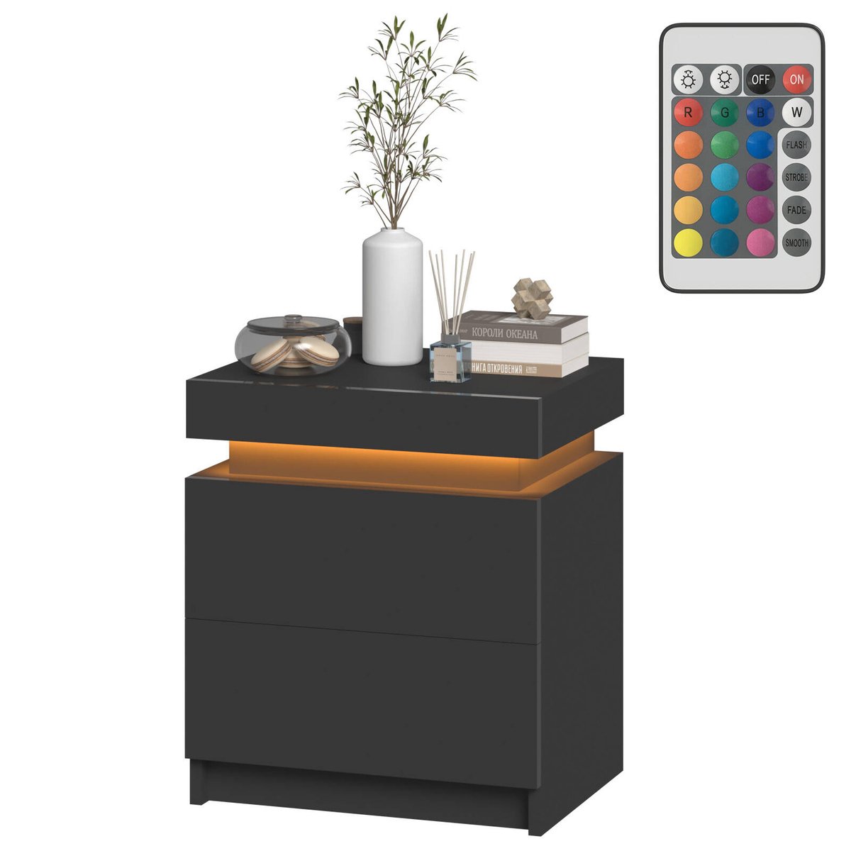 Advwin Bedside Table LED Nightstand 2 Drawers Lift Up Side Table Black ...