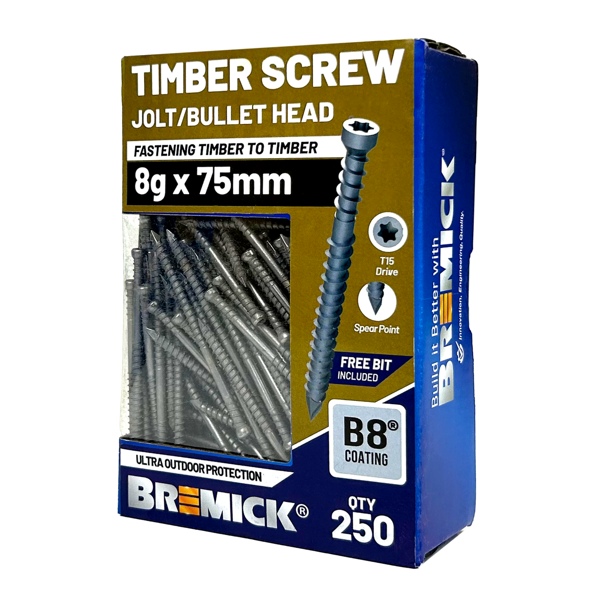 Bremick Jolt/Bullet Head B8® 8g x 75mm T15 Box 250 - Bunnings New Zealand