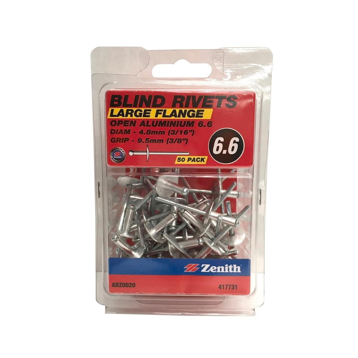 Zenith 3/16"D x 3/8"G Aluminium Open Blind Rivet With Large Flange - 50 ...