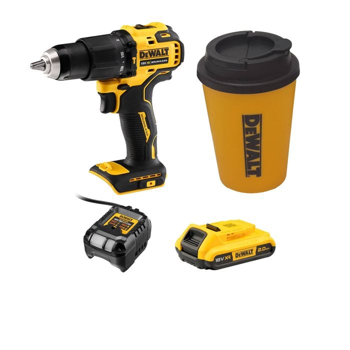 DeWALT 18V XR 2.0Ah 2 Speed Hammer Drill Driver Kit With Travel Mug DCZ709D1A XE Bunnings Australia