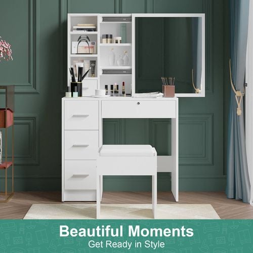 Advwin Dressing Table Set with Slide Mirror and Stool Vanity Desk Hiden ...