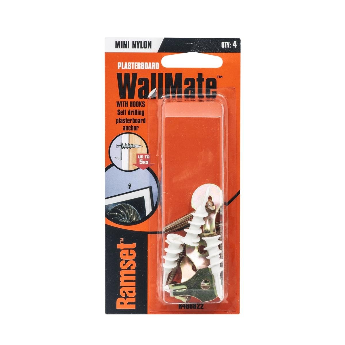 Ramset Mini Nylon Wallmate Plasterboard Anchor With Screw and Hook - 4 Pack - Bunnings Australia