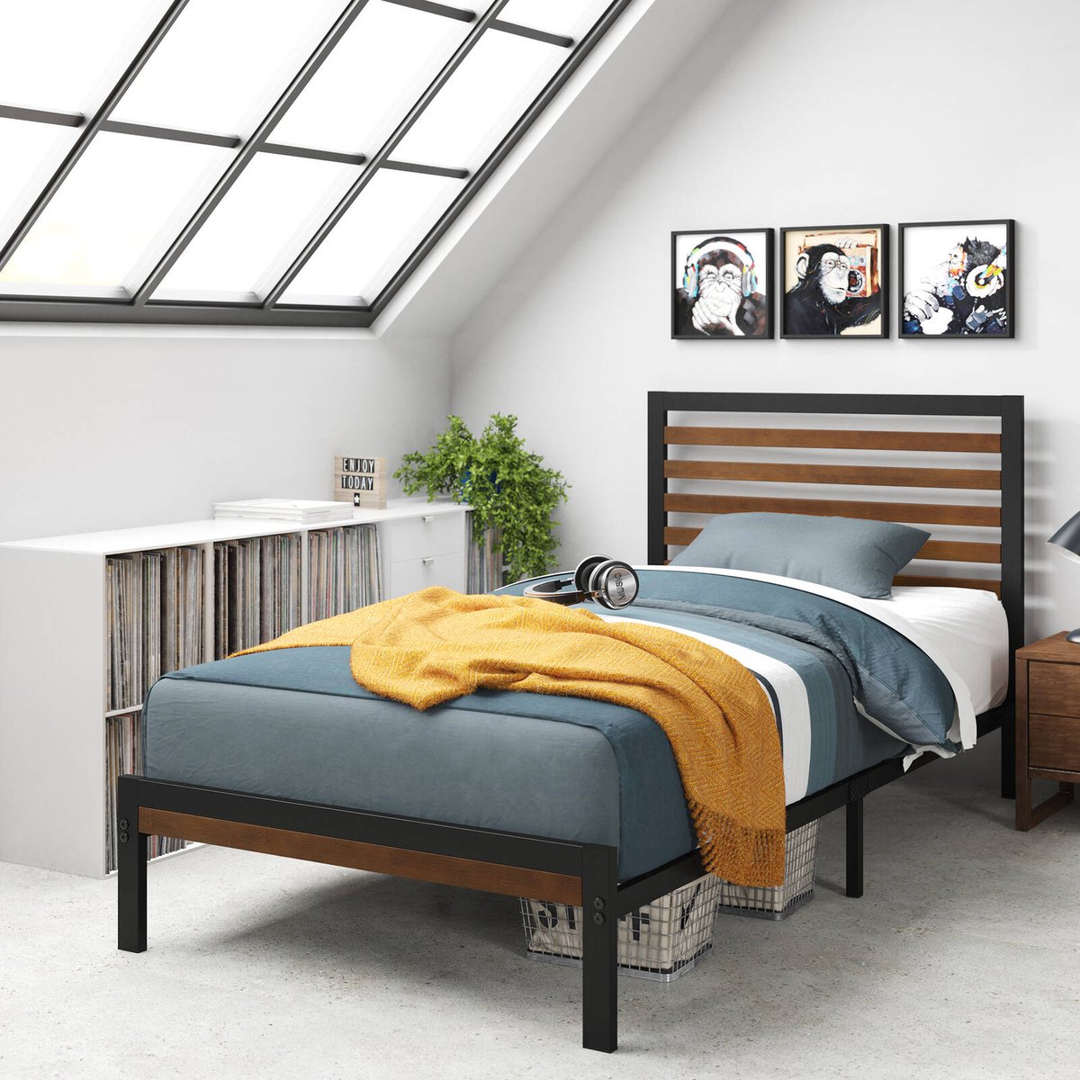 Zinus Single Kai Bed Frame Bamboo & Metal Bed Base Footboard - Bunnings ...