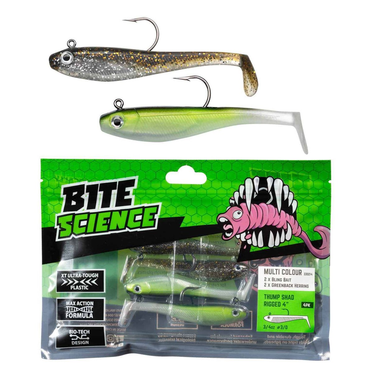 Bite Science Multi-Pack of Rigged 4' Rigged Thump Shad Lures - Bling ...