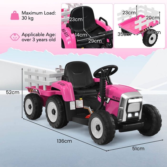 Costway Kids Remote Ride On Tractor 12V with Trailer Pink - Bunnings ...