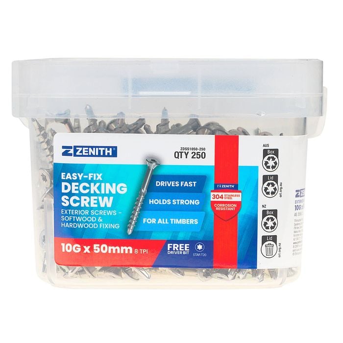 Zenith Easy-Fix Decking Screw T20 10G x 50mm SS304 - 250 Pack ...