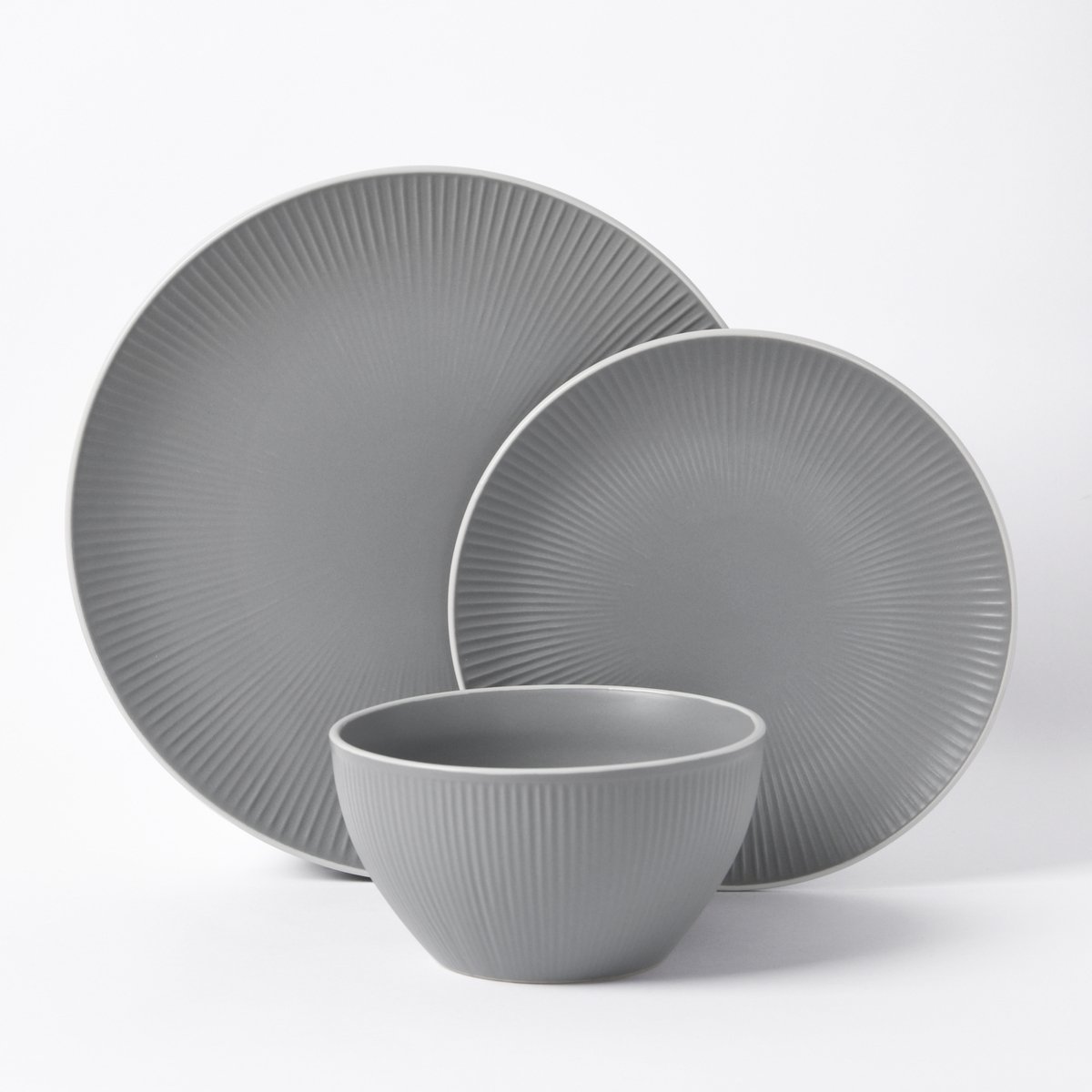 Cadence & Co. Maze 12-Piece Ribbed Dinner Set Matte Glaze Grey & White ...