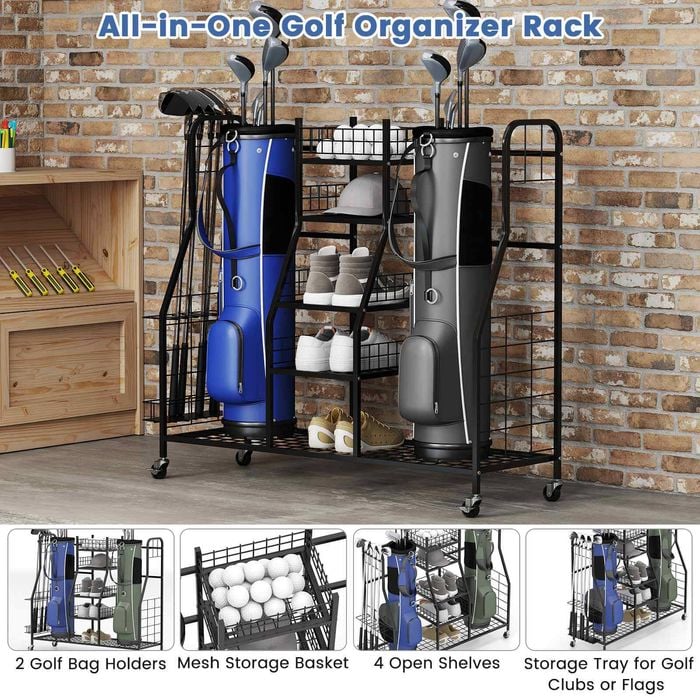 Costway Metal Golf Bag Storage Rack Mobile Golf Club Stand Organizer w ...