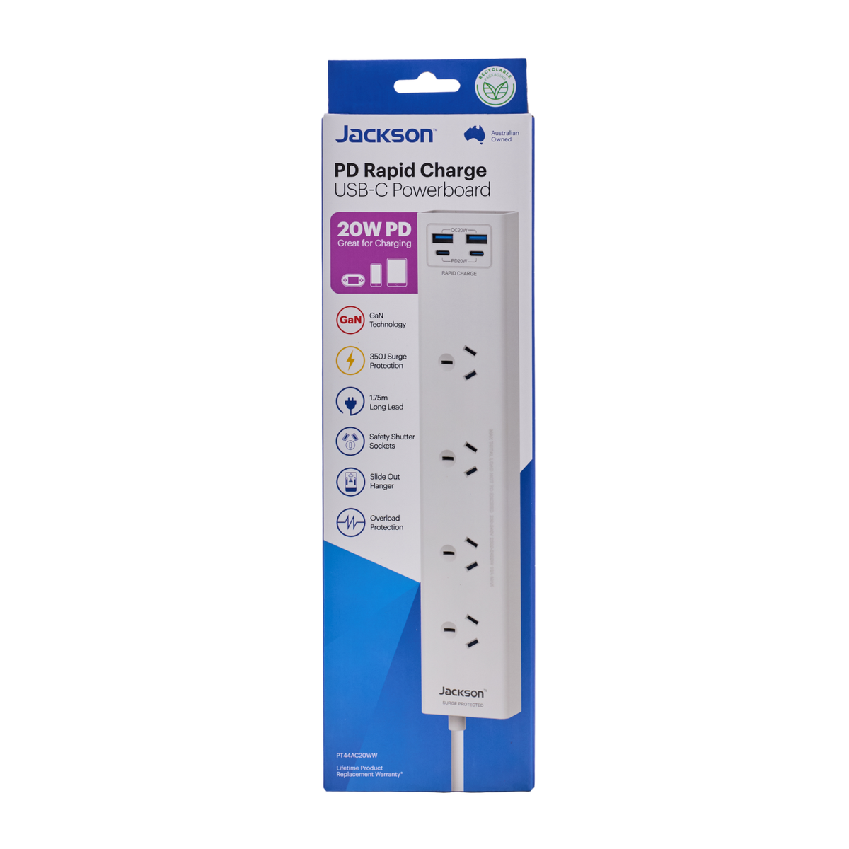 Jackson 4 Outlet Powerboard W USB 2A/2C PD20W White - Bunnings Australia