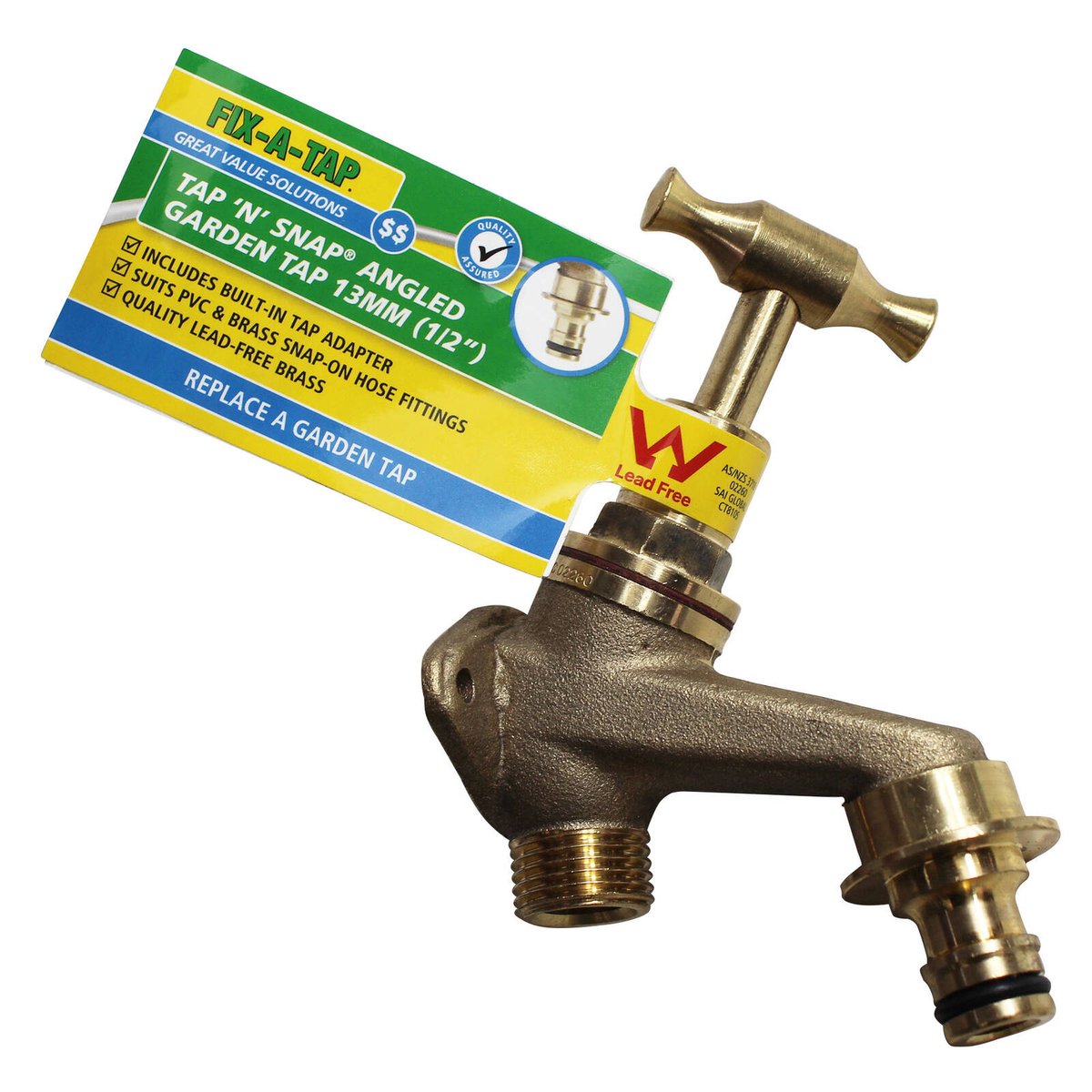 FIX-A-TAP 13mm Brass Lead-Free T-Handle Angled Garden Tap 'N' Snap ...