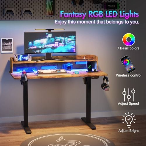 Advwin LED RGB Light Electric Standing Desk with Power Outlets ...