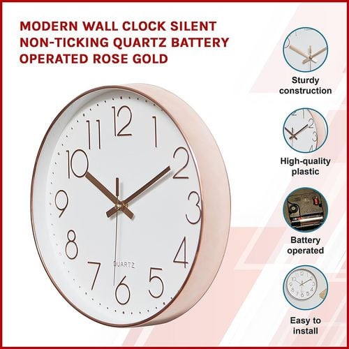 Modern Wall Clock Silent Quartz Battery Operated in Rose Gold ...