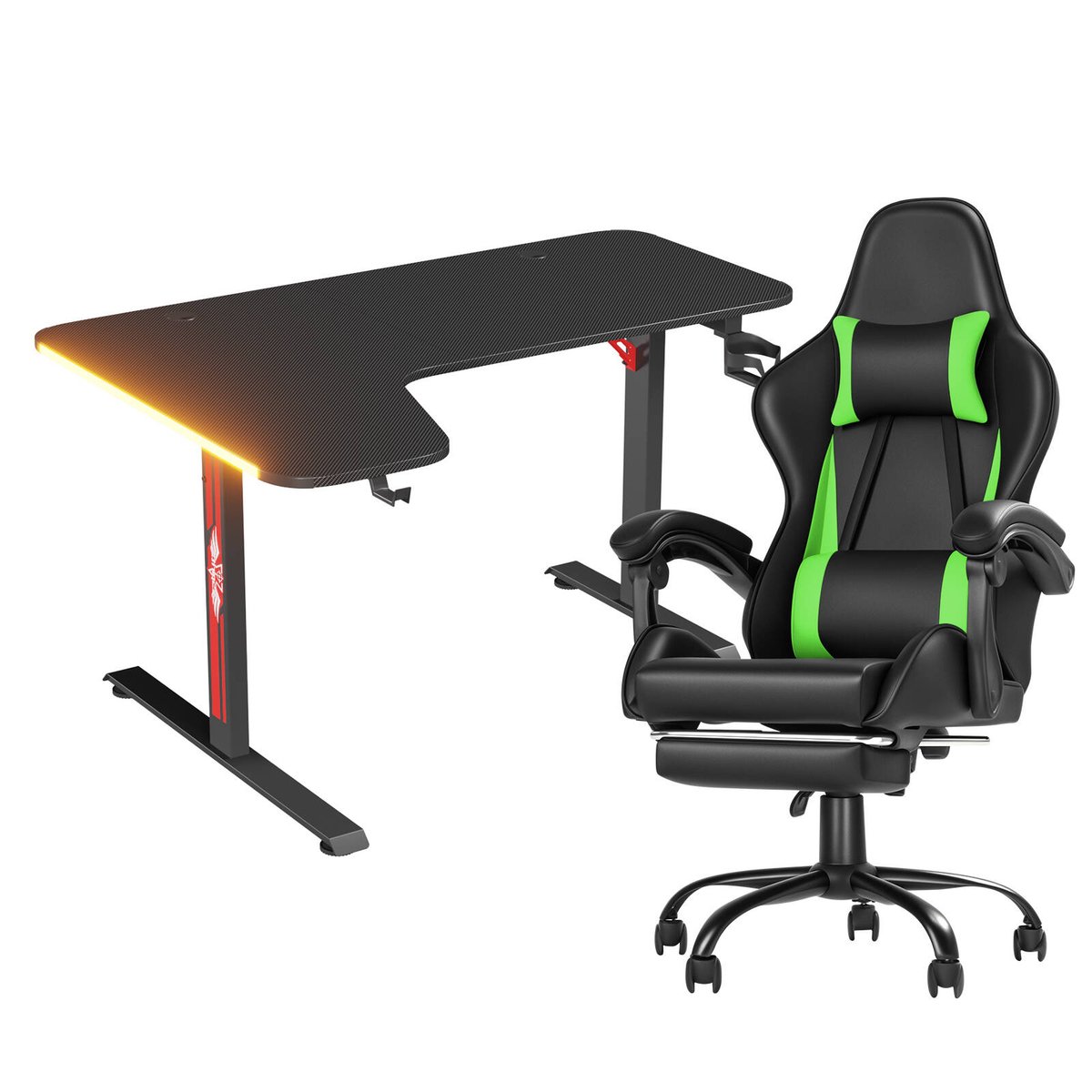 Advwin 140cm Black Gaming Desk RGB LED Light & Gaming Chair with ...