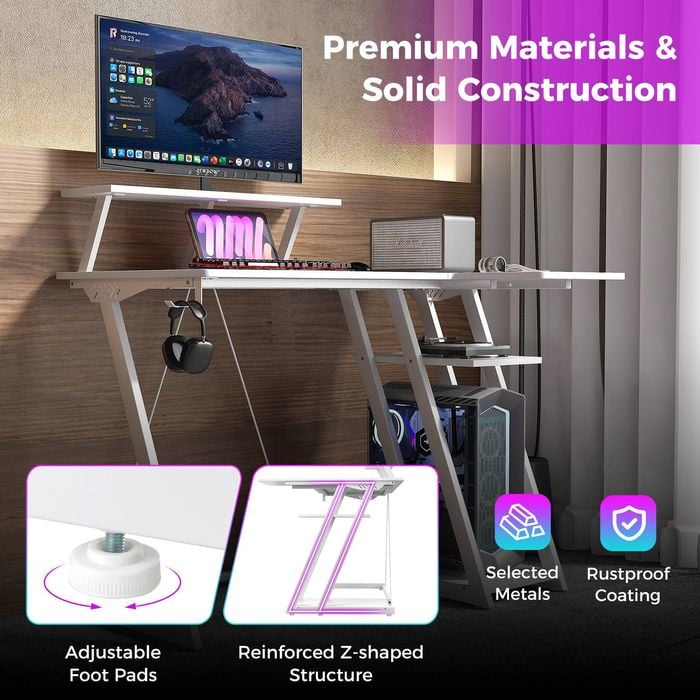 Costway L-Shaped Gaming Desk Computer Desk w/Monitor Shelf White ...