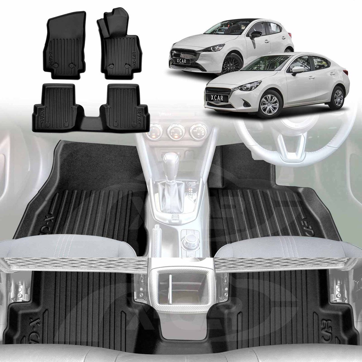 3D All-Weather Floor Mats for Mazda 2 Hatch & Sedan 2014-Onwards DJ/DL ...