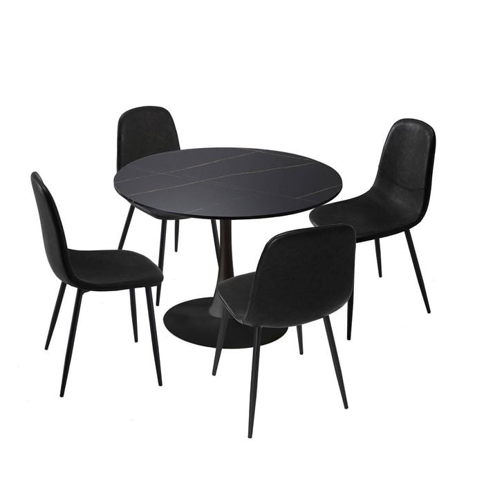 Oikiture 90cm Round Dining Table with 4x Dining Chairs PU Leather Black ...