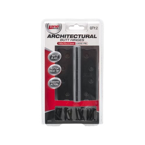 Lane 100 x 75 x 2.5mm Matte Black Loose Pin Butt Hinge - 2 Pack ...