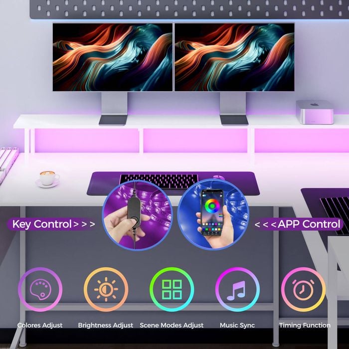 Advwin 150cm L Shaped Convertible Computer Gaming Desk w/ LED Lights ...