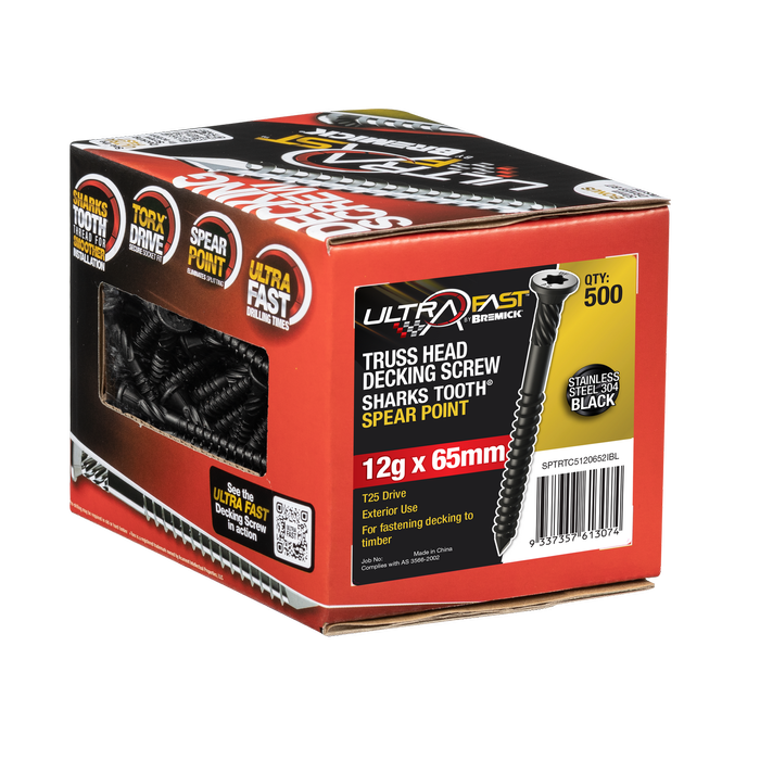 Bremick 12G x 65mm Black Stainless Steel 304 T25 Truss Decking Screws ...