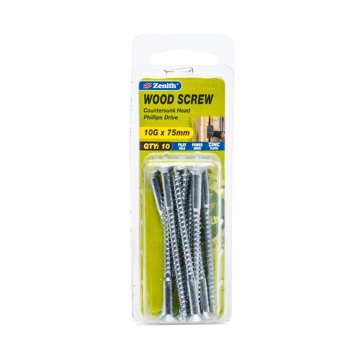 Zenith 10G x 75mm Zinc Plated Wood Screw - 10 Pack - Bunnings New Zealand