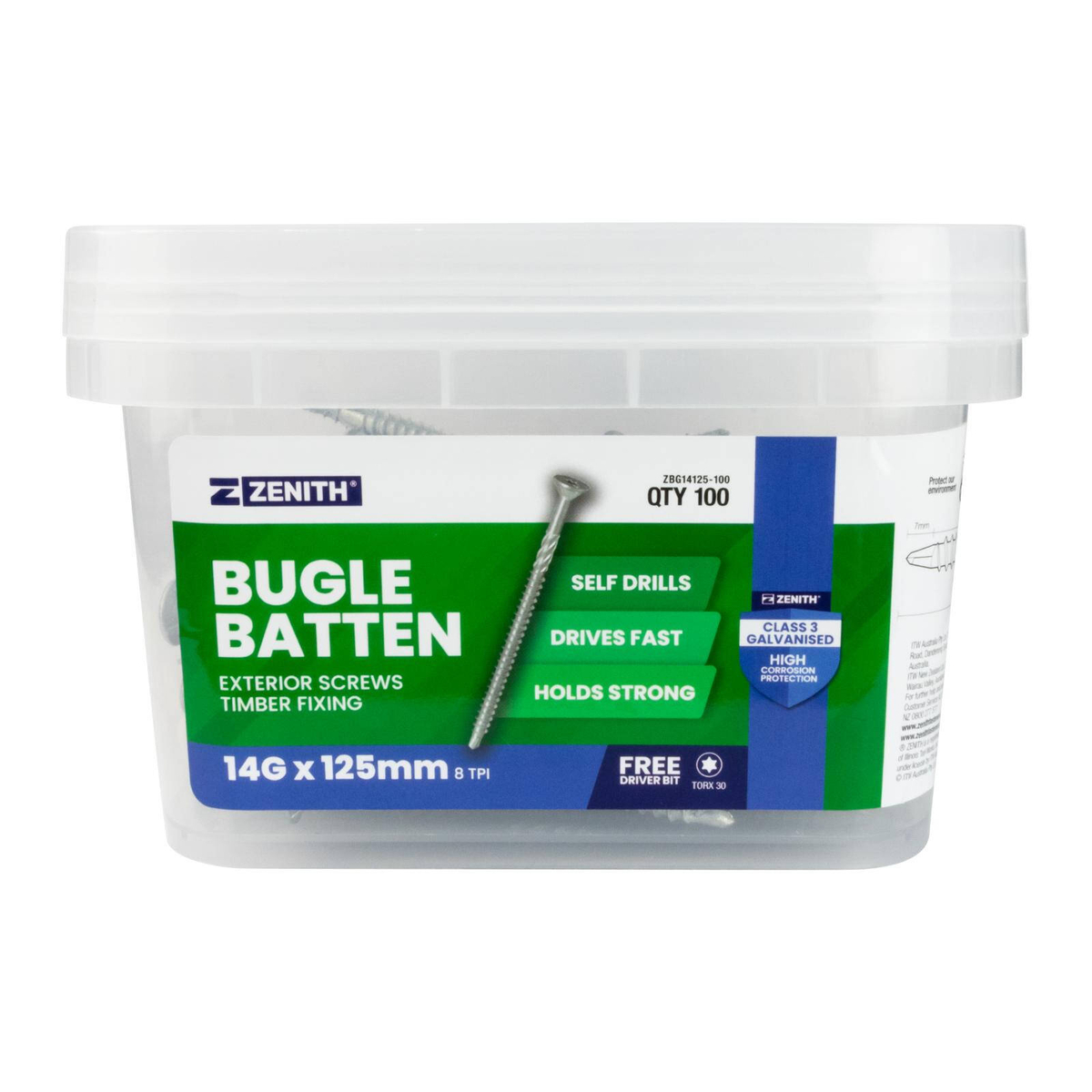 ZENITH 14G - 8 x 125mm Class 3 Galvanised Bugle Batten Screws - 100 ...