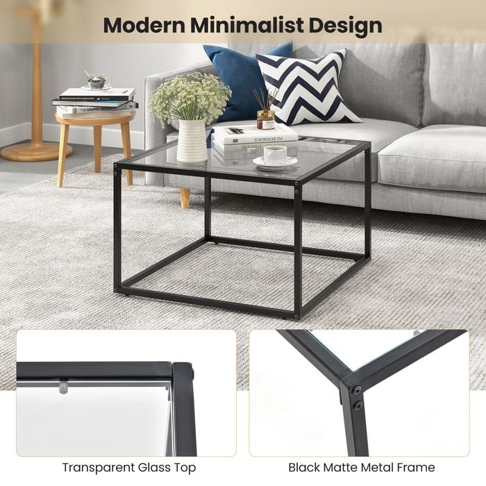 Costway 70 Cm Square Coffee Table Tempered Glass Tabletop Modern ...