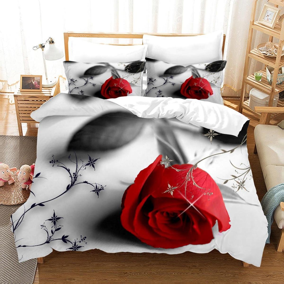 3D Red Rose Quilt Cover Set Bedding Set Pillowcases 61 - Bunnings Australia