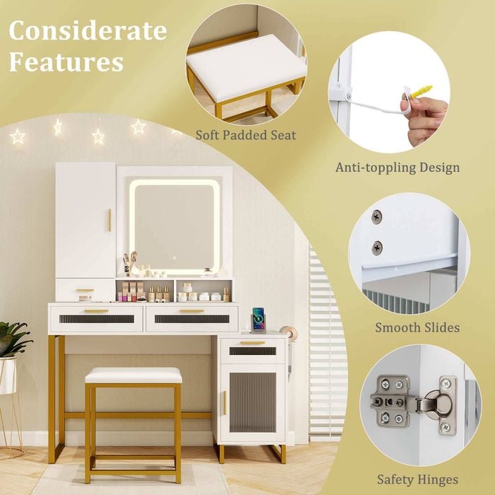 Costway 3-Color LED Lighted Dressing Table & Stool w/Power Outlets ...