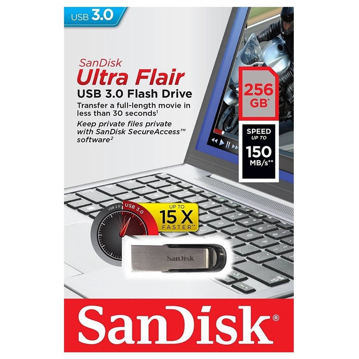SanDisk USB Drive 3.0 Ultra Flair 256GB USB Flash Drive PC Memory Stick ...