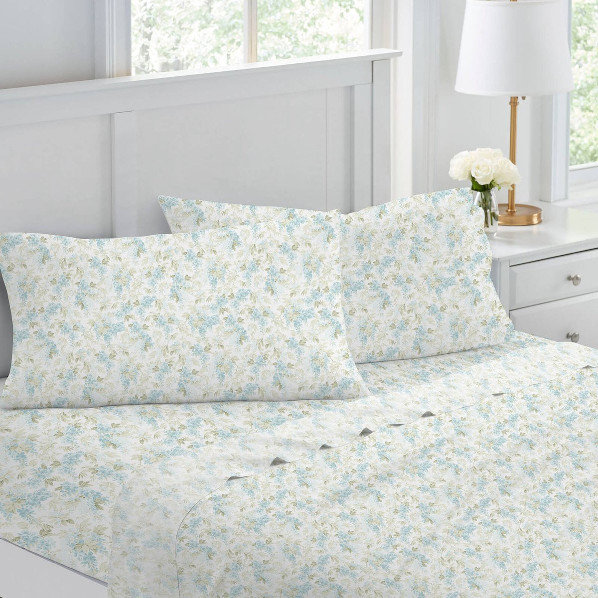 Laura Ashley Rena Printed Sheet Set Queen Bed - Teal - Bunnings Australia