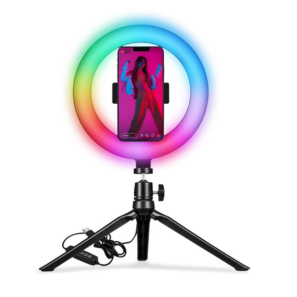 Celly RGB Ring Led Light w/ Mobile Phone Holder/Tripod Stand Black ...