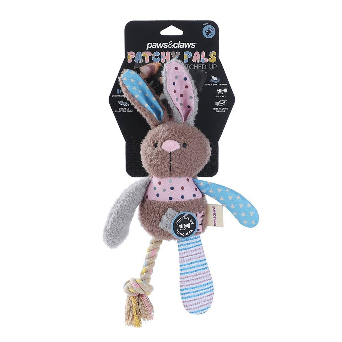 Paws & Claws Patchy Pals Plush Rope Rabbit Pet Dog Toy Rope 32x17x6cm ...