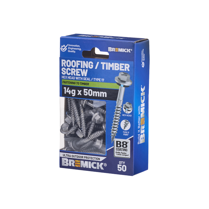 Bremick Hex Roofing Screw 14g x 50mm B8 BOX 50 - Bunnings Australia