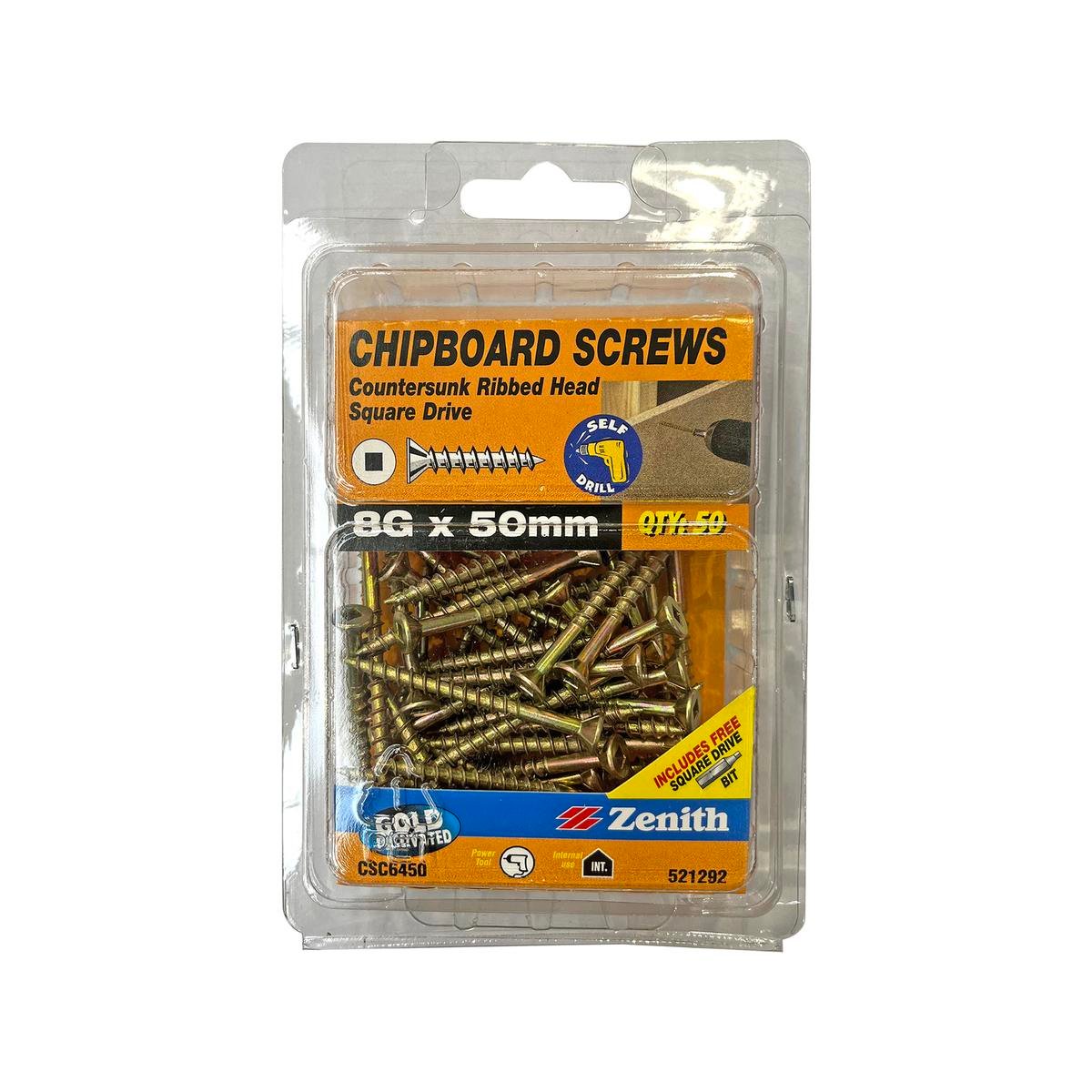 Zenith 8G x 50mm Gold Passivated Square Drive Chipboard Screw - 50 Pack ...