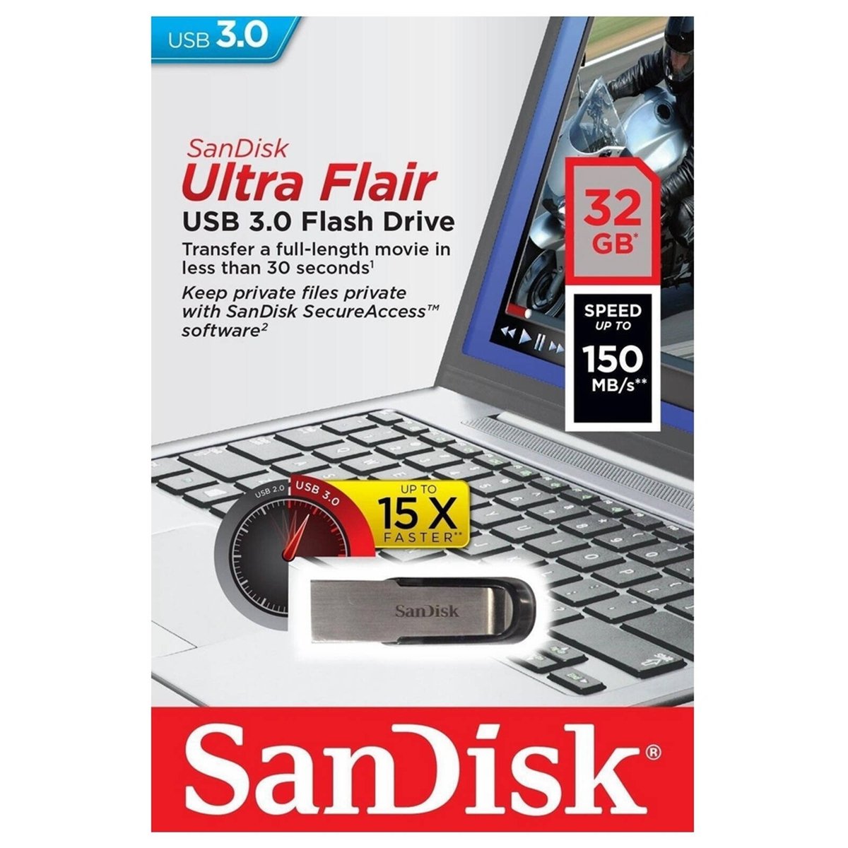 SanDisk USB Drive 3.0 Ultra Flair 32GB Flash Drive PC Memory Stick ...