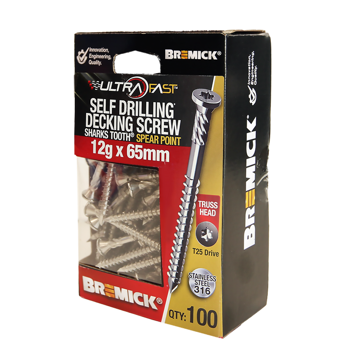 Bremick Ultrafast 12g x 65mm Stainless Steel 316 T25 Truss Head - 100 ...