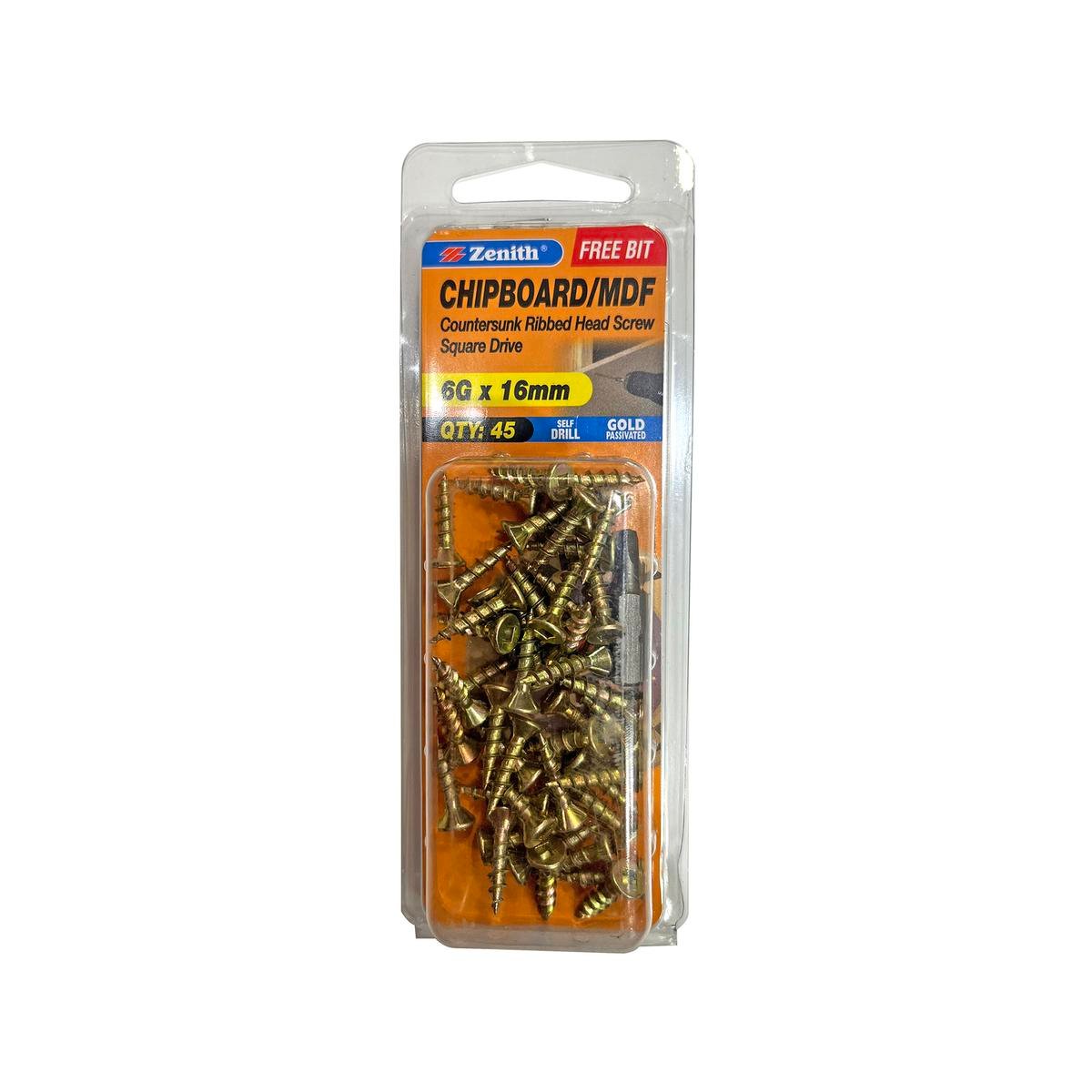 Zenith 6G x 16mm Gold Passivated Square Drive Chipboard Screw - 45 Pack ...